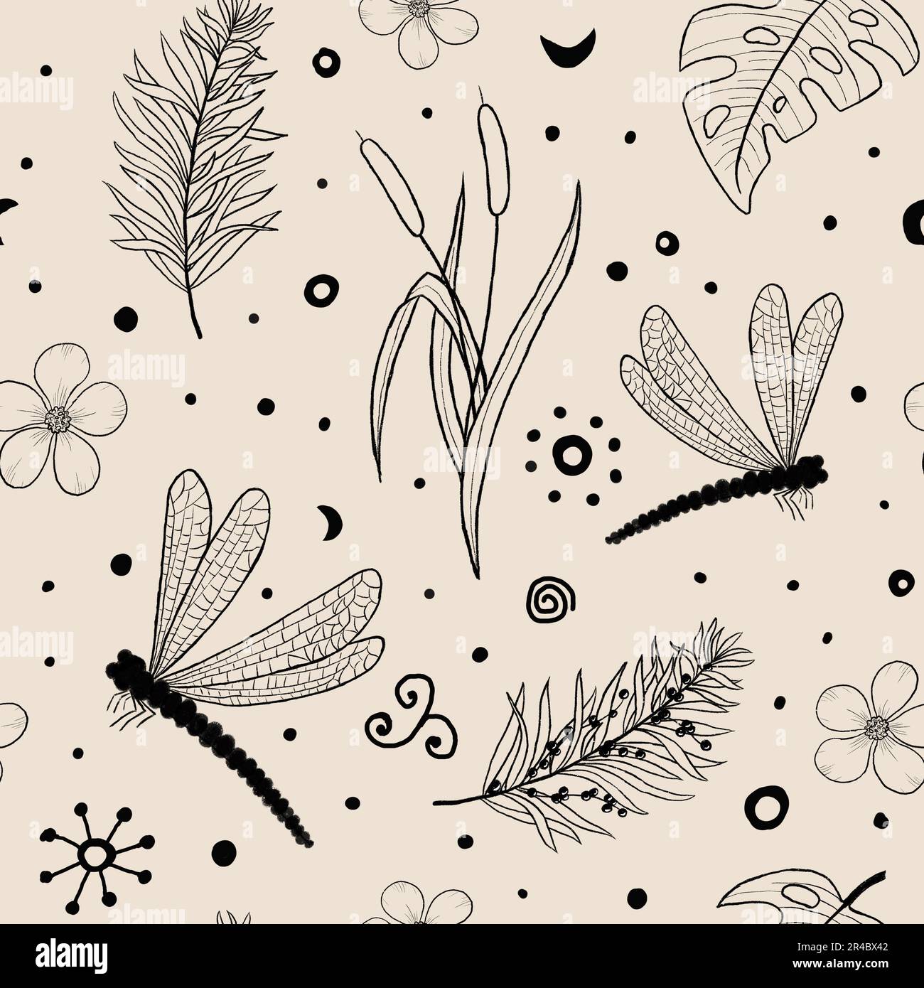 Seamless dragonfly graphic pattern. Dragonflies with flowers, branches ...