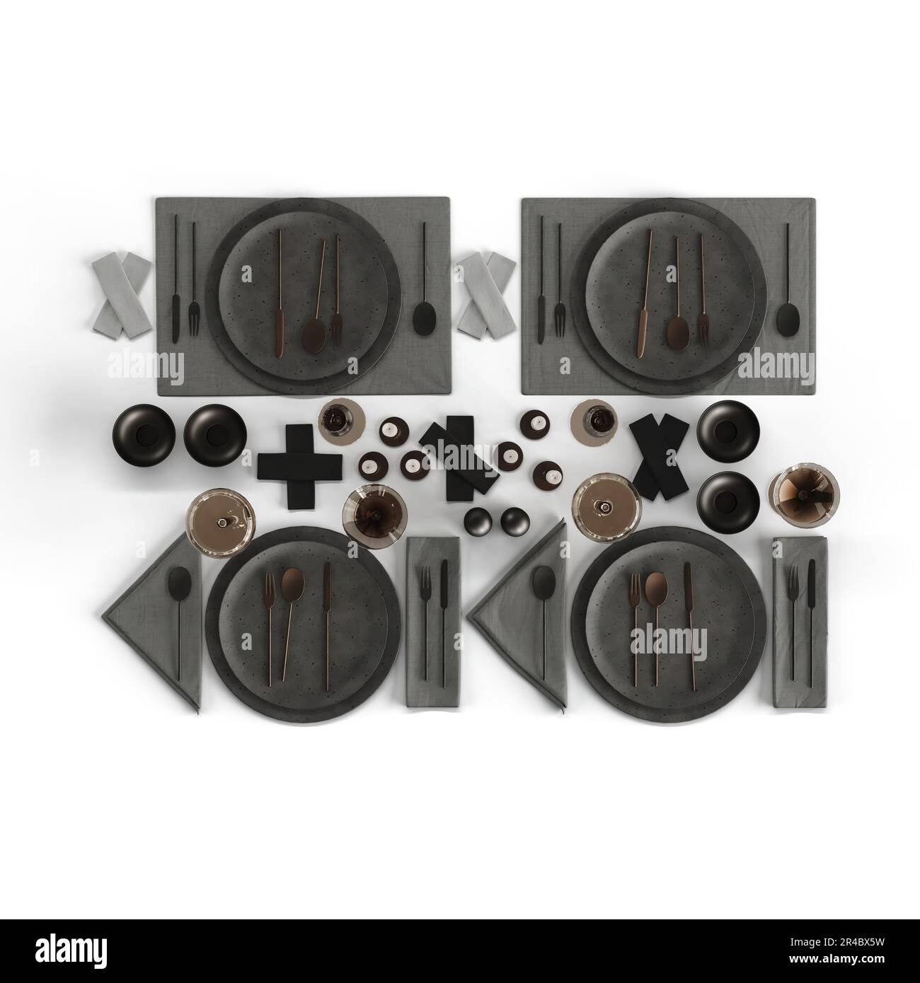 A 3D rendering of a top view of an elegant table set on a pristine ...
