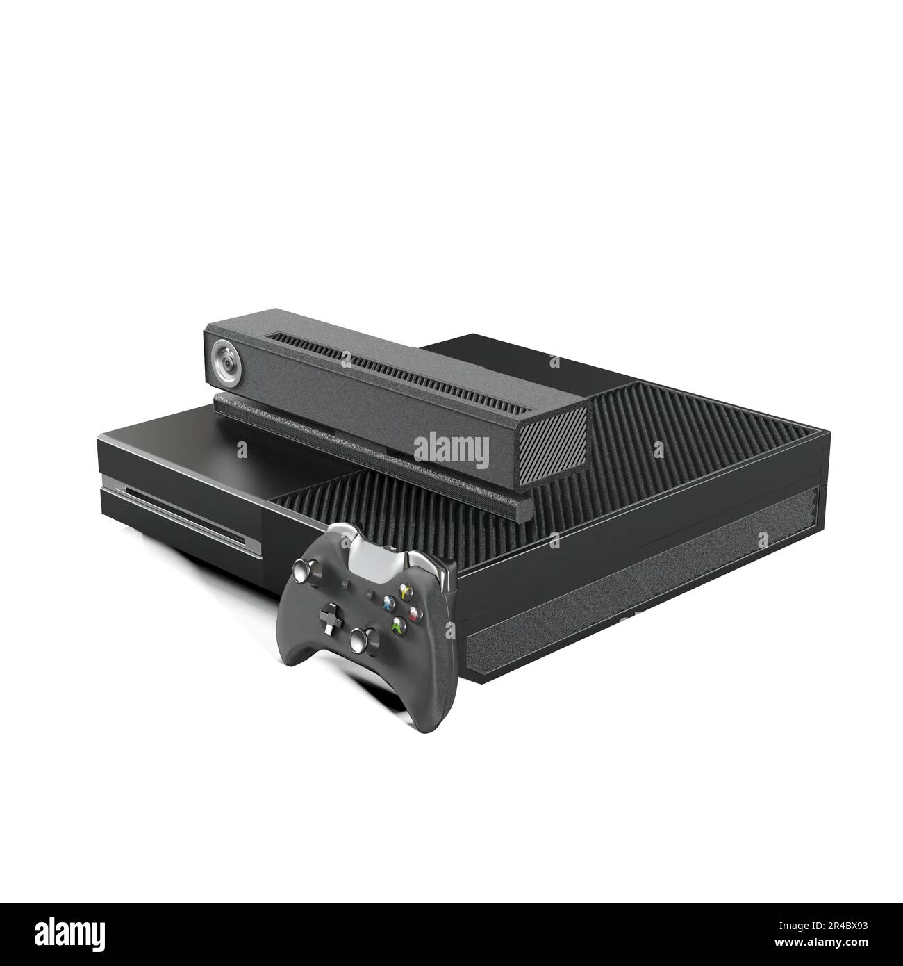 A 3D rendering of a gaming console and controller setup against a white ...