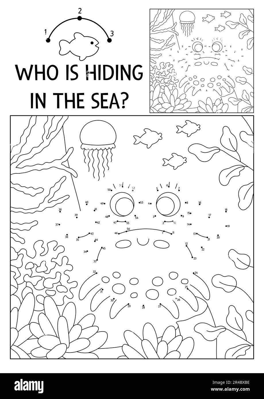 Vector dot-to-dot and color activity with cute crab hidden in landscape ...
