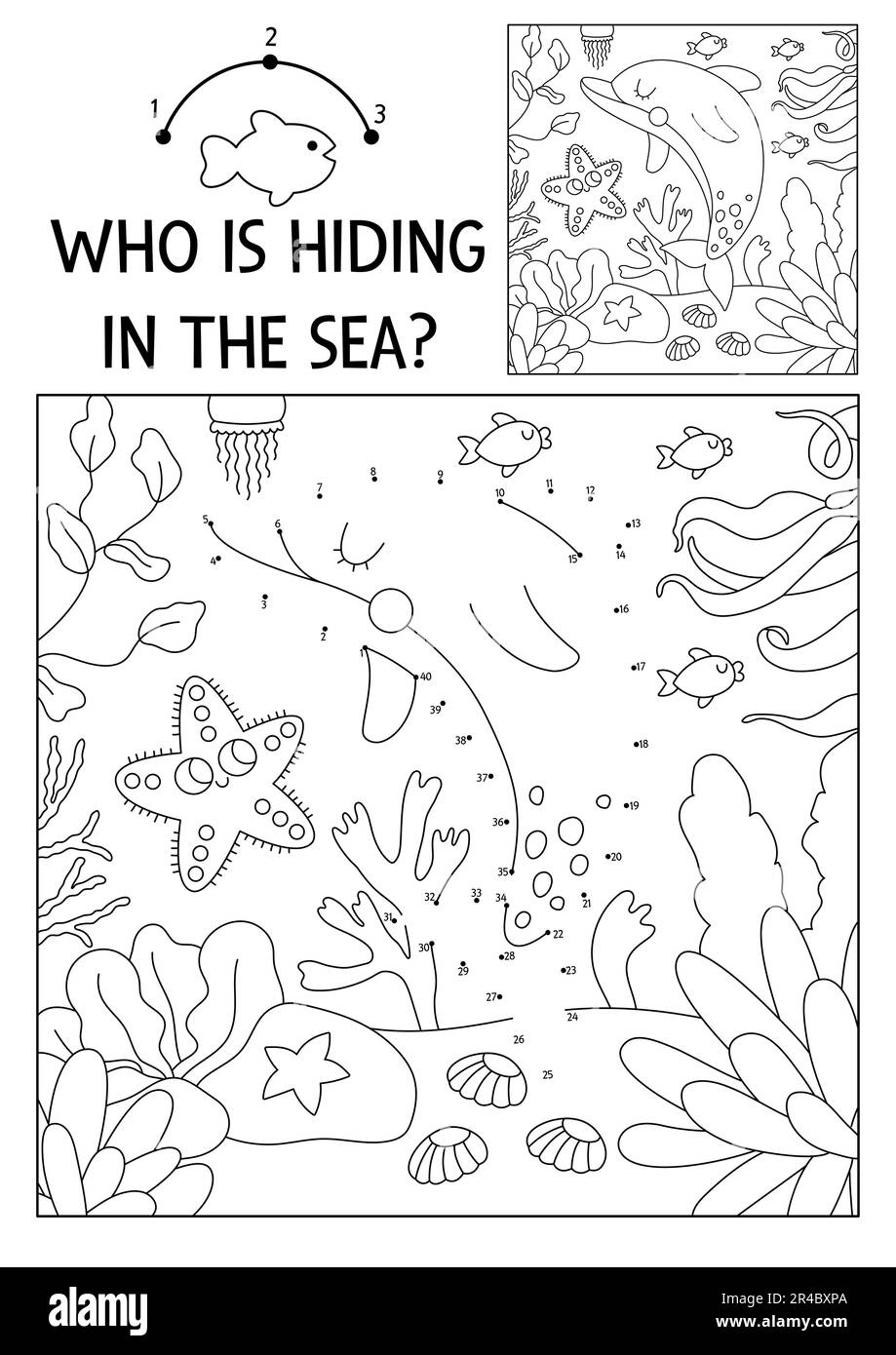 Vector dot-to-dot and color activity with cute dolphin hidden in ...