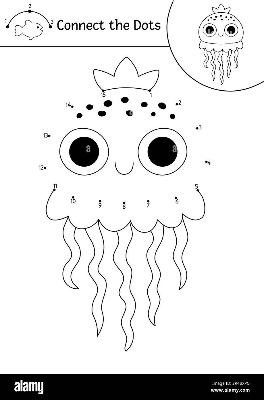 Vector dot-to-dot and color activity with cute jellyfish. Under the sea ...
