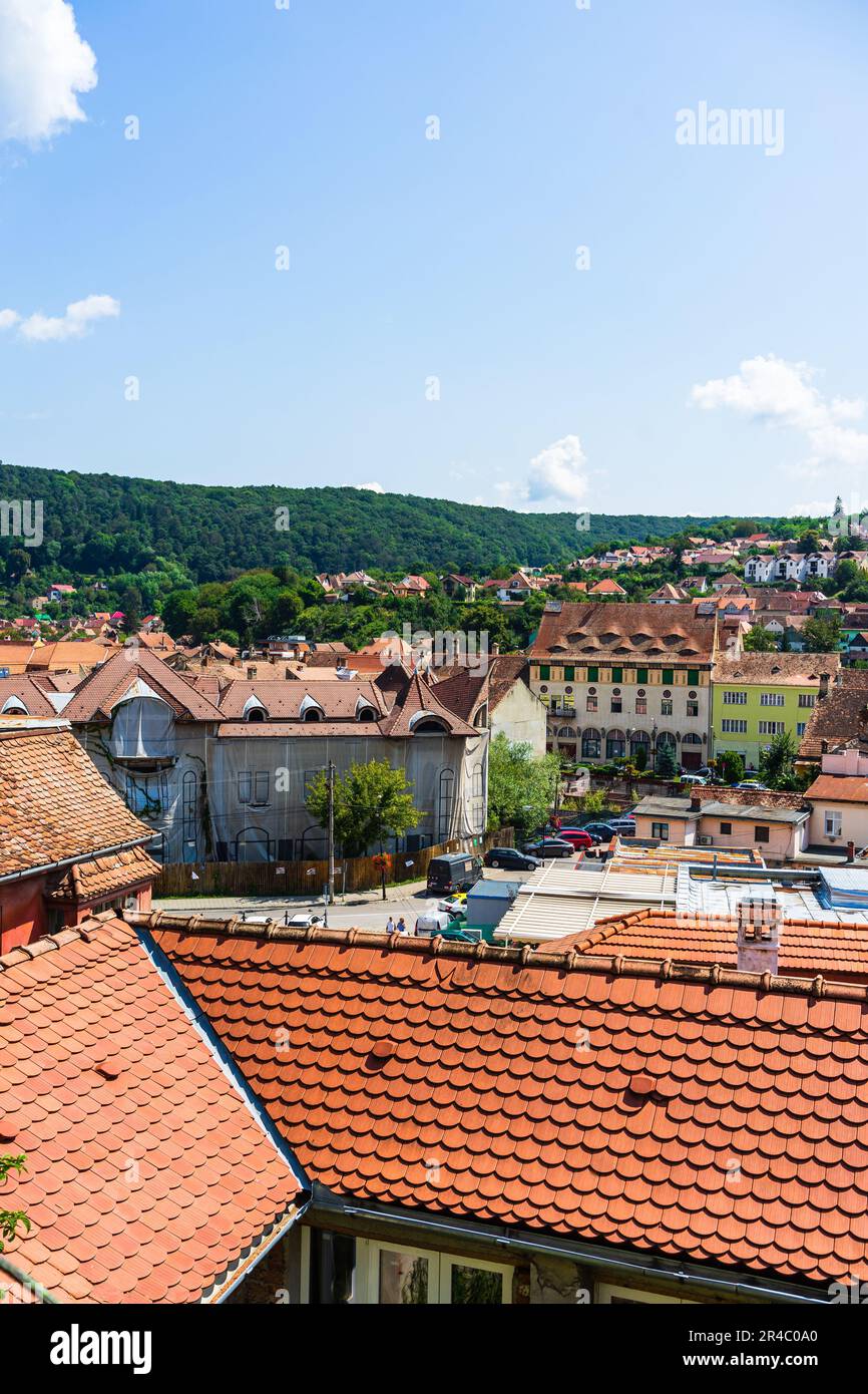 An aerial view of a bustling cityscape with rows of residential ...