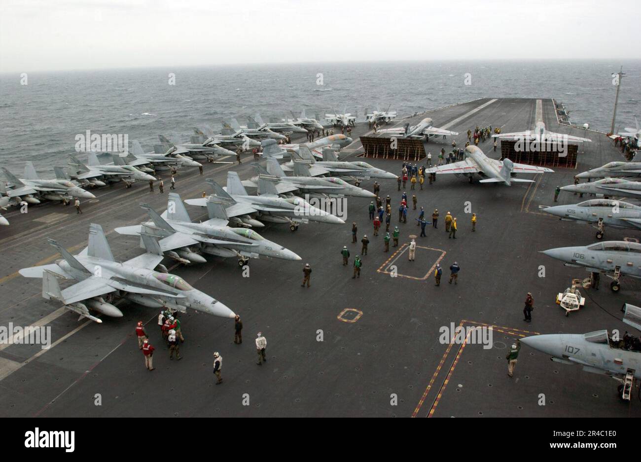 US Navy Aircraft assigned Carrier Air Wing Eight (CVW-8) are staged on the flight deck aboard ...