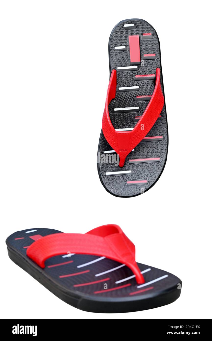 Two pairs of slippers side by side in contrasting poses on a neutral ...