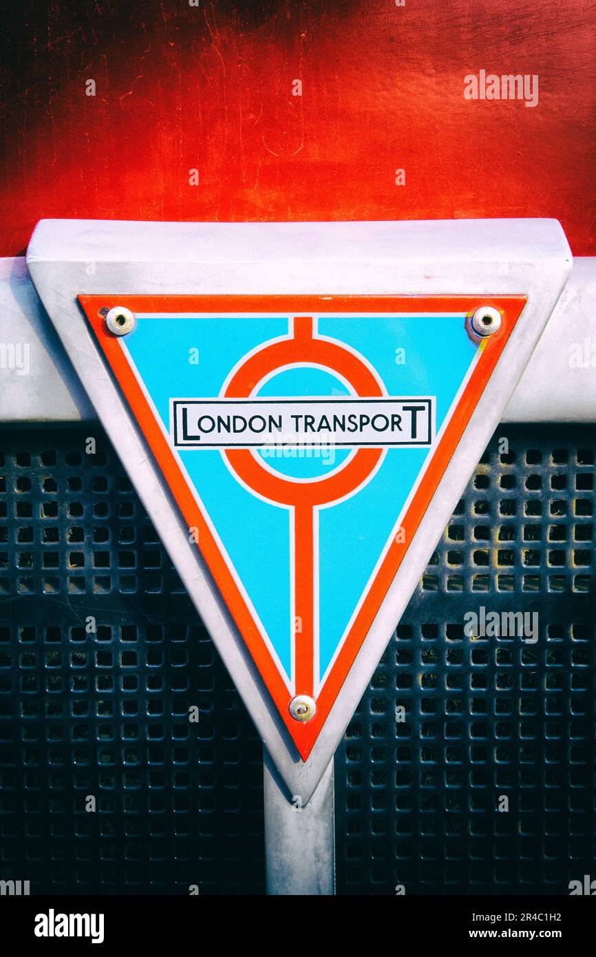 Front grille of a vintage London bus close-up. London Transport Sign at ...