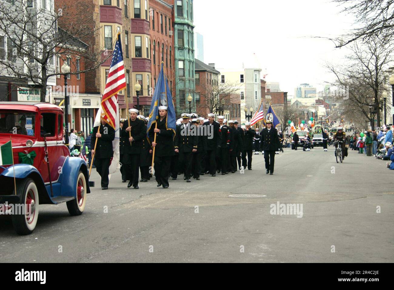 US Navy South Boston citizens cheer Sailors stationed aboard the guided ...
