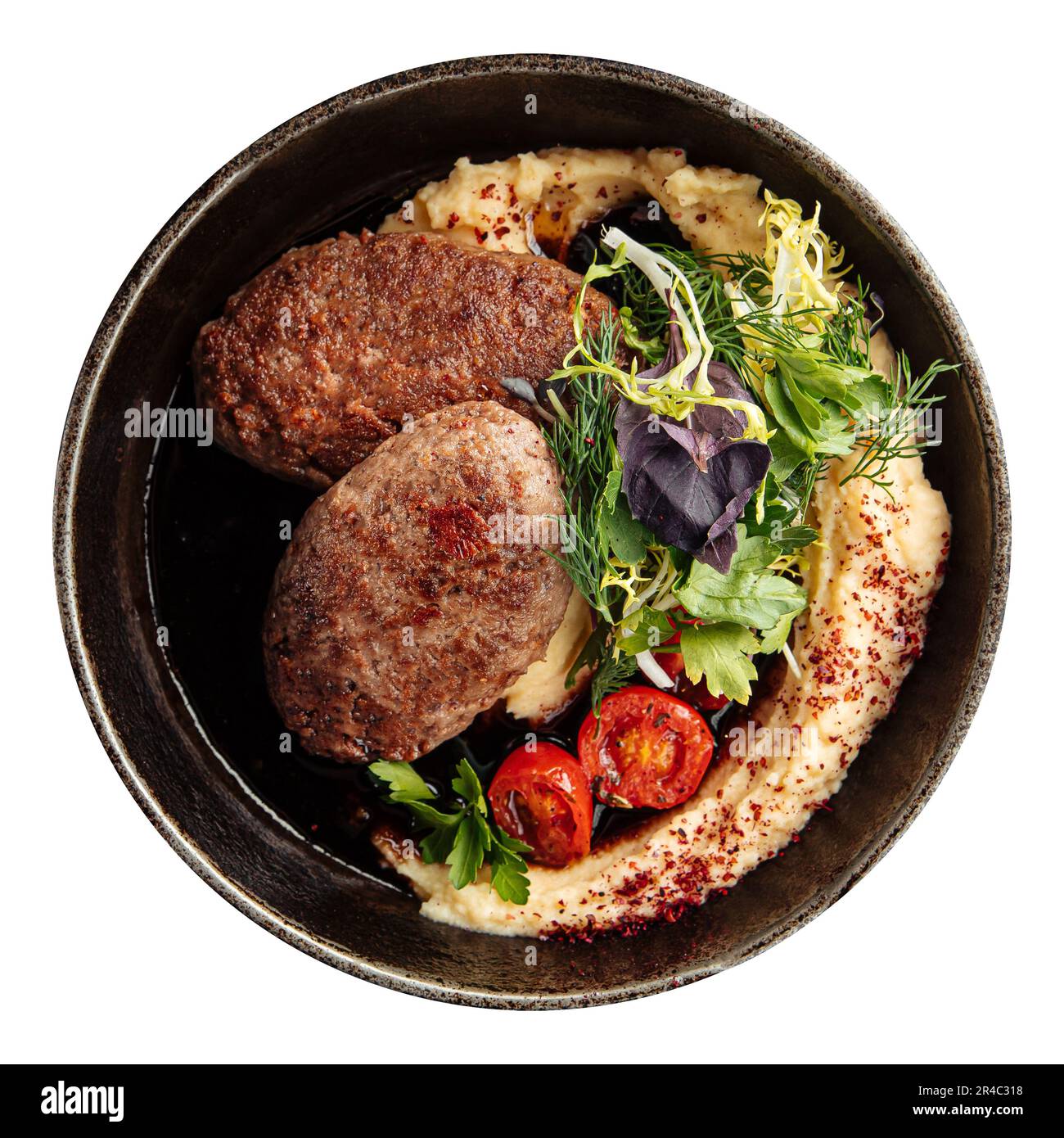 Isolated gourmet beef cutlets with mashed celery Stock Photo - Alamy