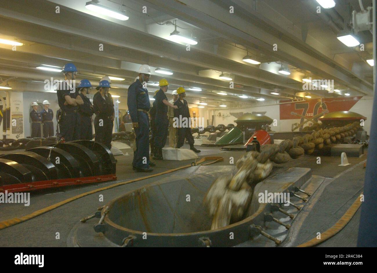 US Navy Boatswain's Mates stand clear as the hydraulic brake is ...