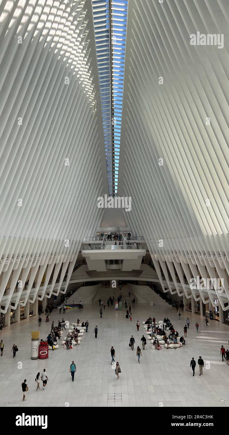 A view of the interior of a large, multi-level building featuring a ...