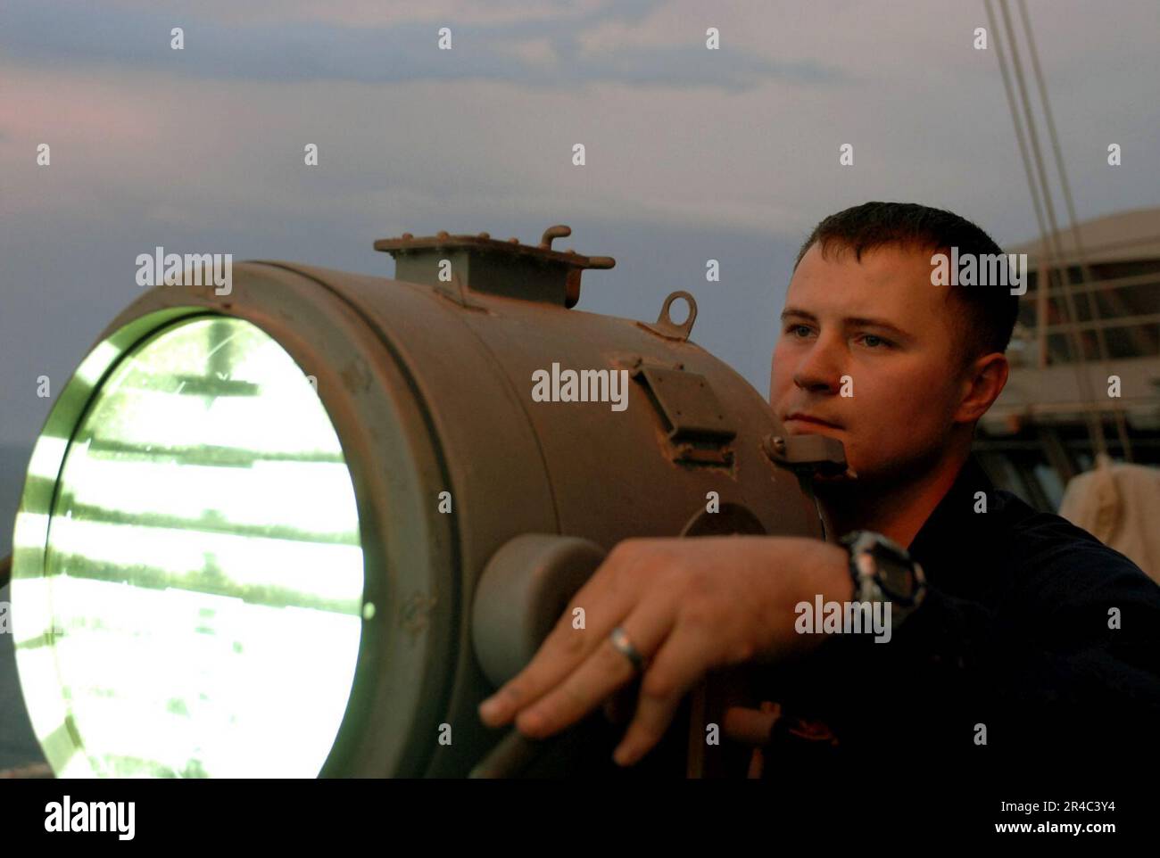 US Navy Quartermaster Seaman sends a message to the guided-missile ...