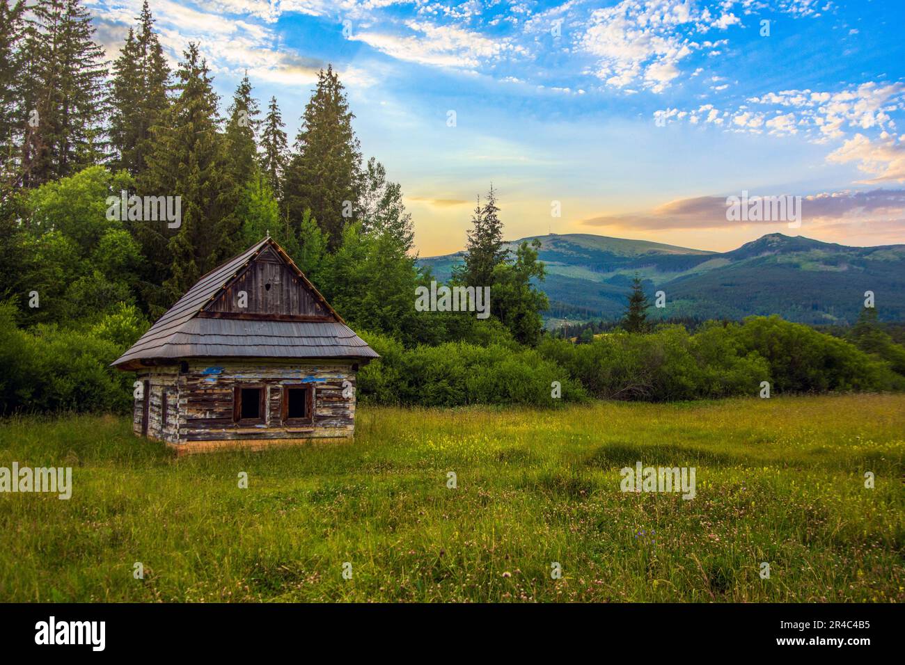 An old, rustic cabin situated on a lush green meadow surrounded by ...