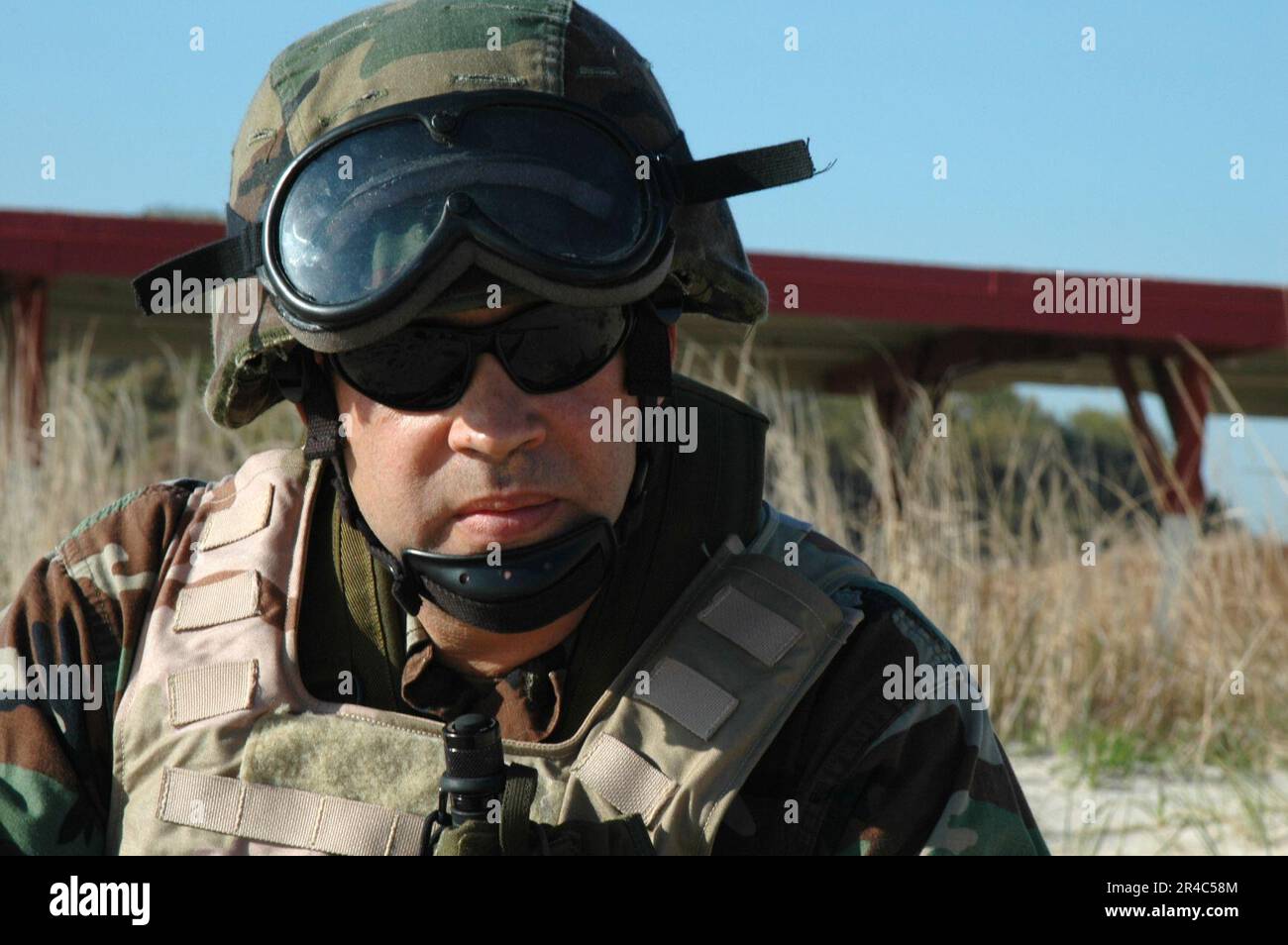 US Navy Hospital Corpsman 2nd Class looks out over the beach during ...