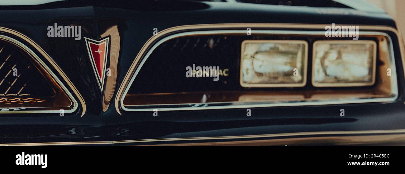 A high-resolution close-up of the front-end of a classic vintage ...