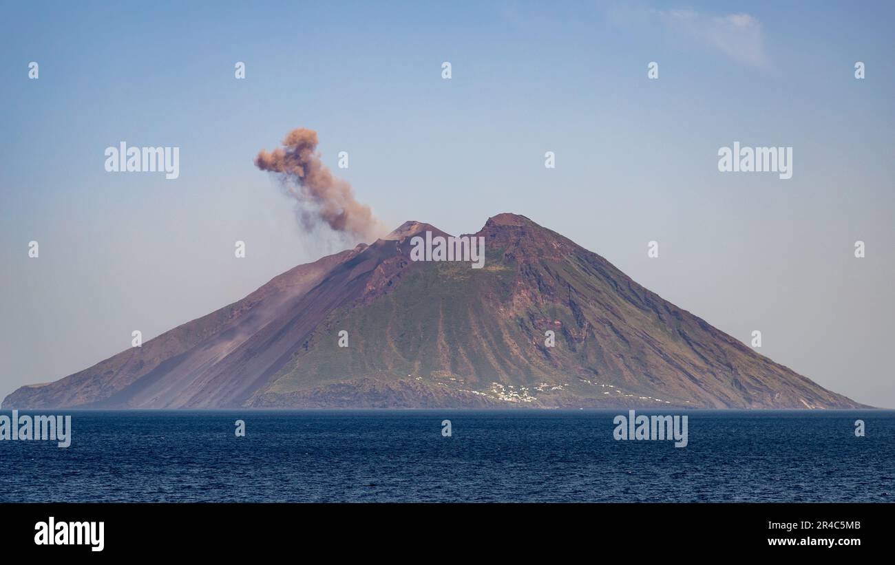 An aerial shot of a volcanic eruption occurring in the ocean Stock ...