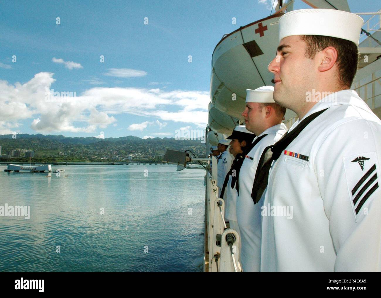 US Navy Hospital Corpsman mans the rails aboard the Military Sealift ...