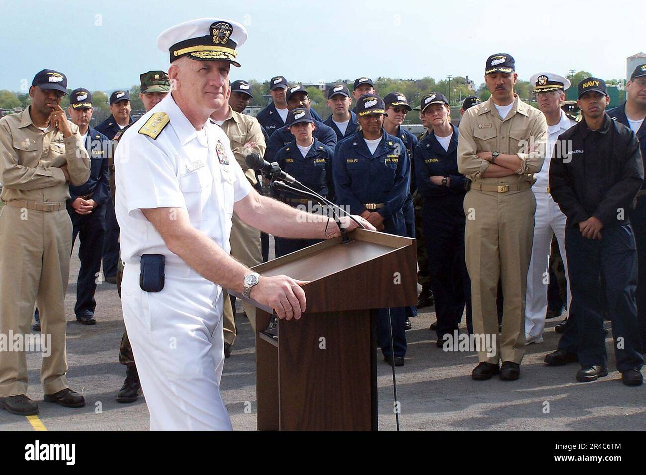 US Navy Vice Adm. Donald Arthur addresses troops aboard the Military ...