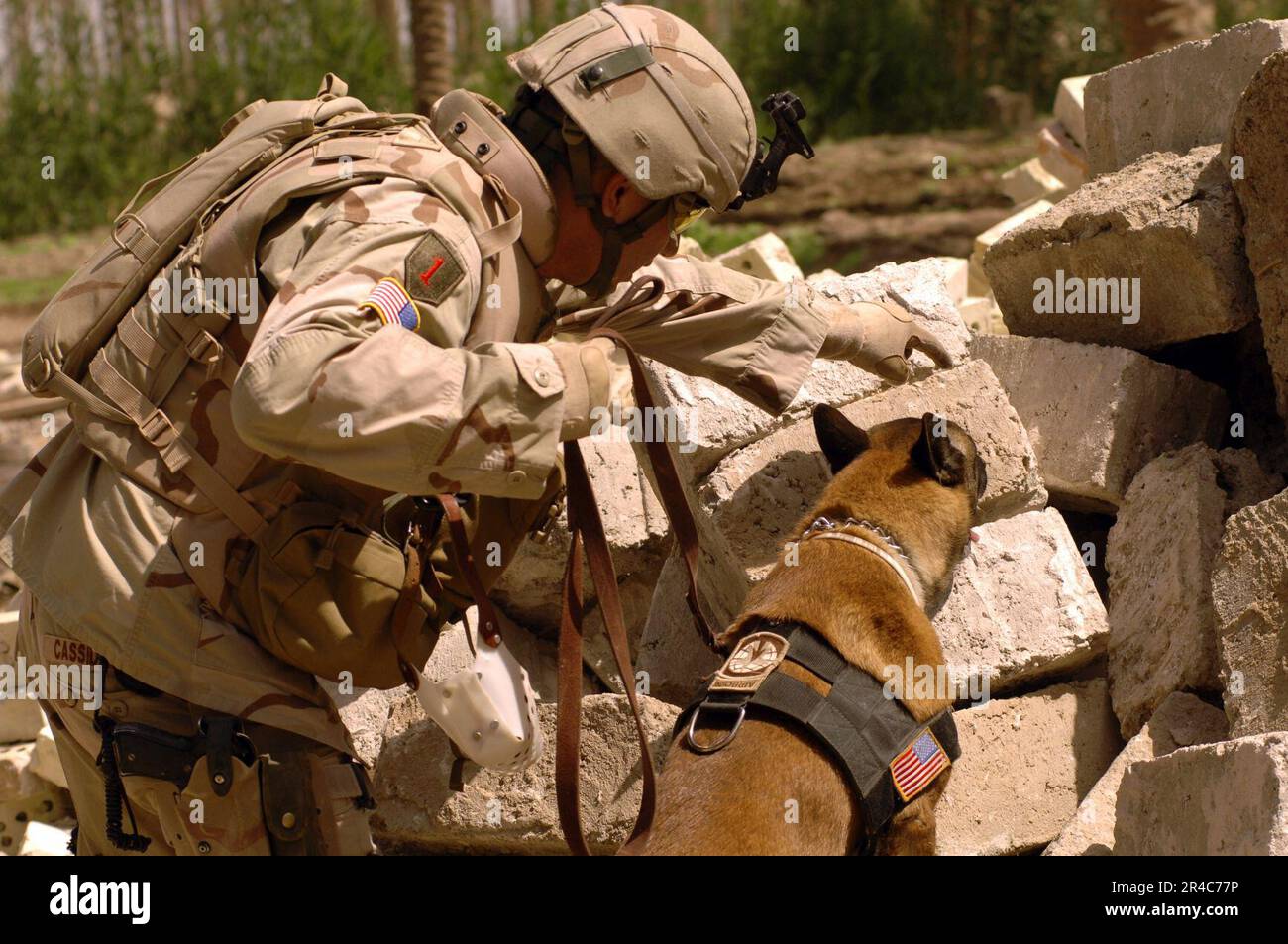 US Navy U.S. Army Sgt. and his dog search through rubble for a weapons ...