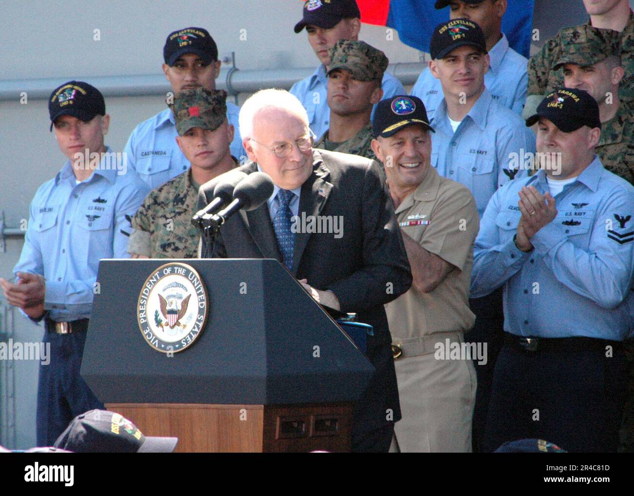 US Navy Vice President Dick Cheney receives a round of applause from ...