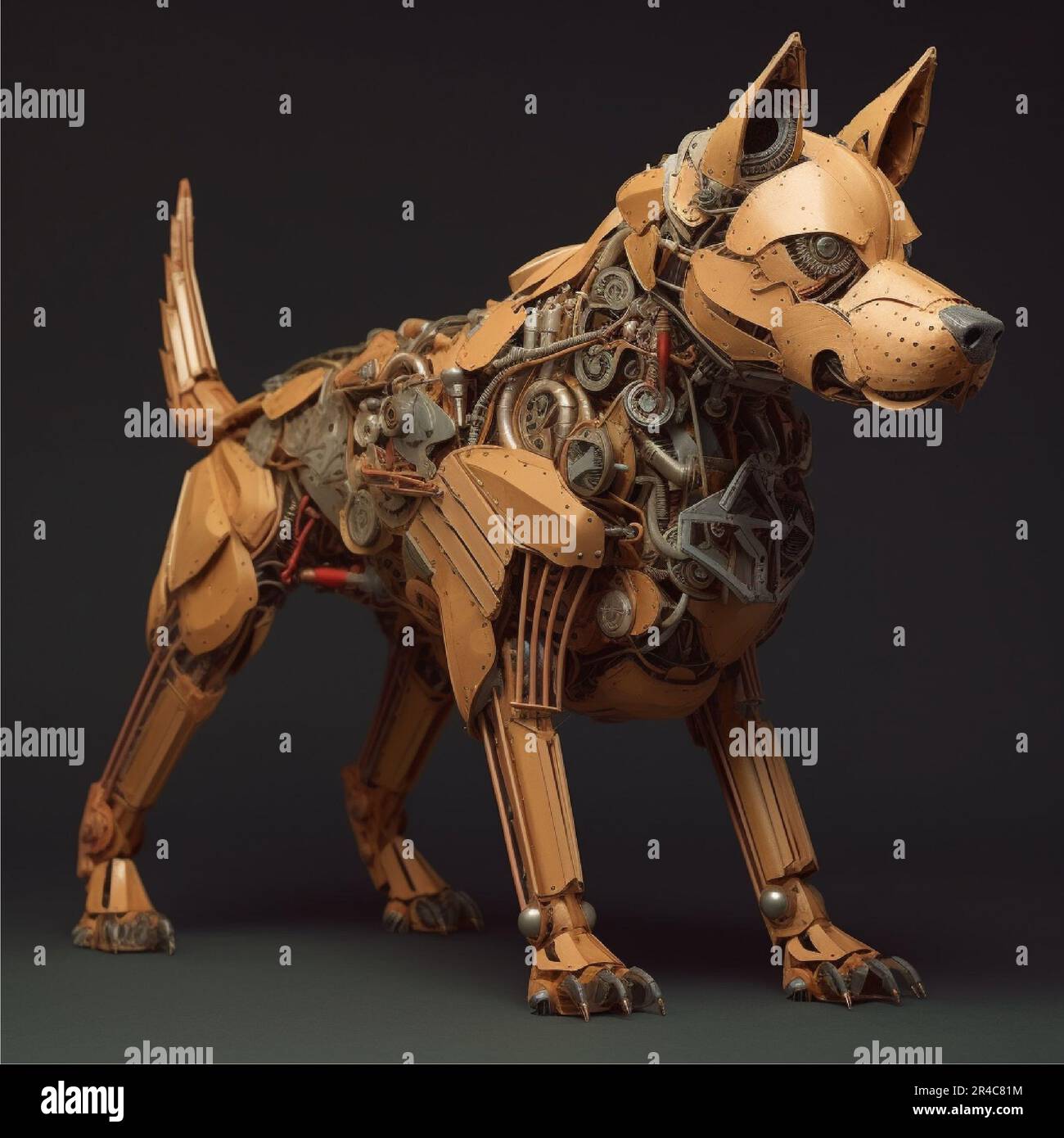 A metal sculpture of a dog standing on its hind legs, constructed from ...