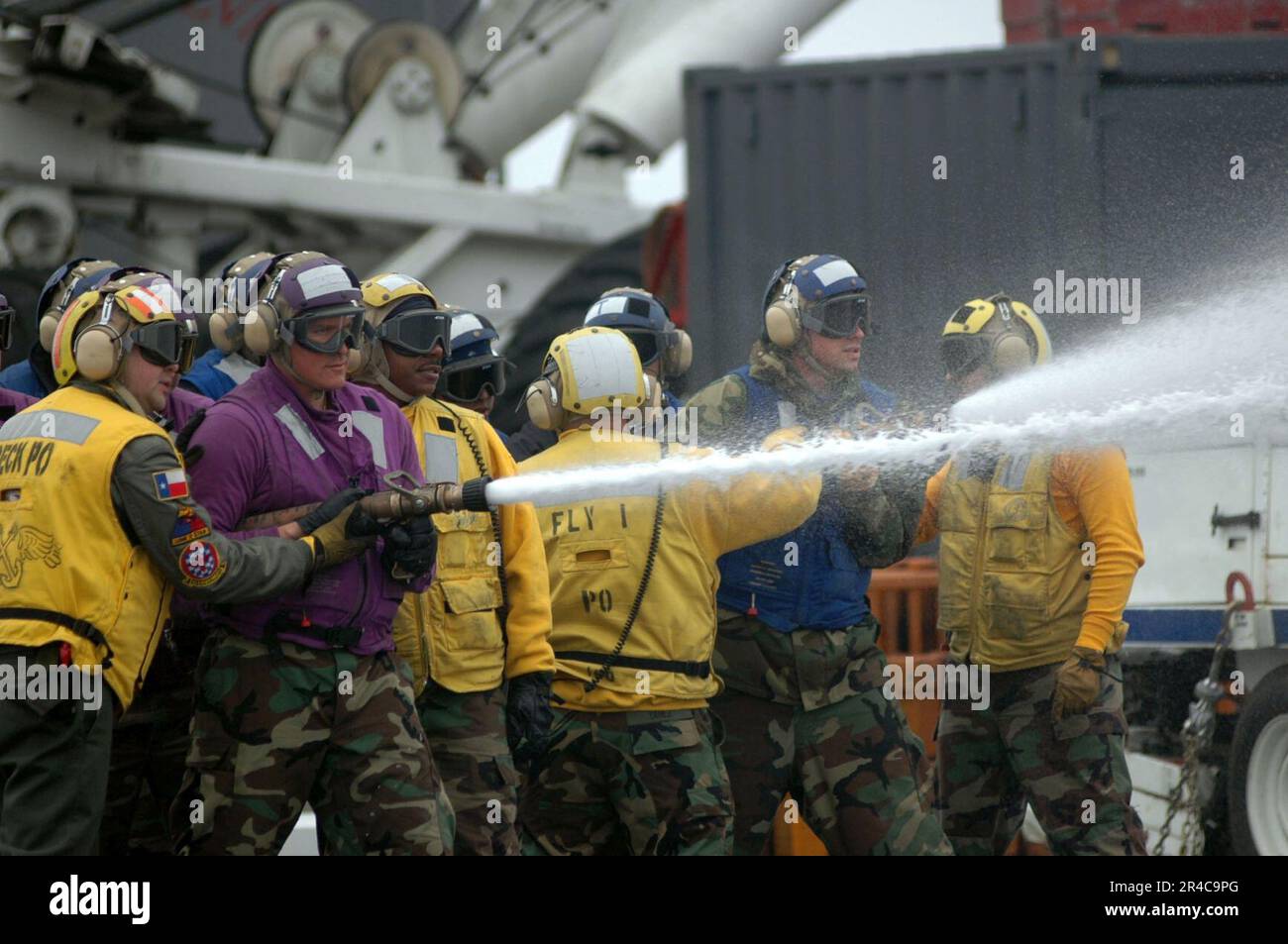 US Navy Sailors from air department conduct fire drills on the flight ...