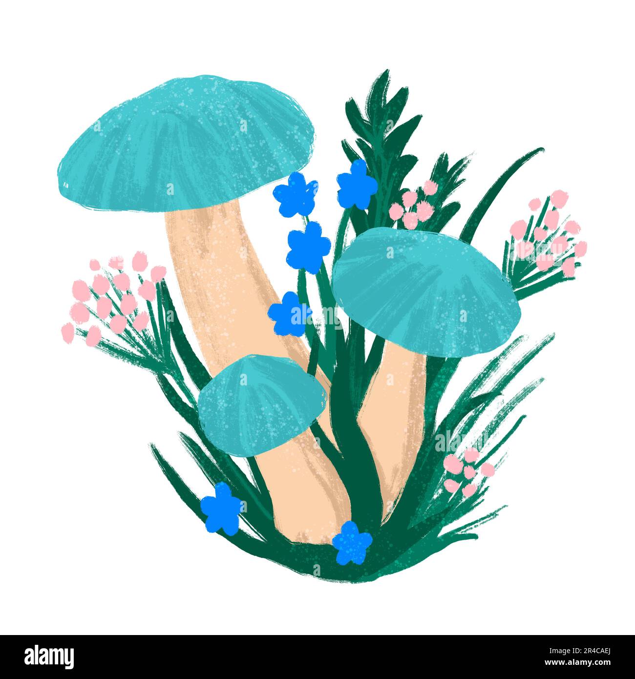 Hand drawn illustration of summer mushroom with grass herbs blue ...