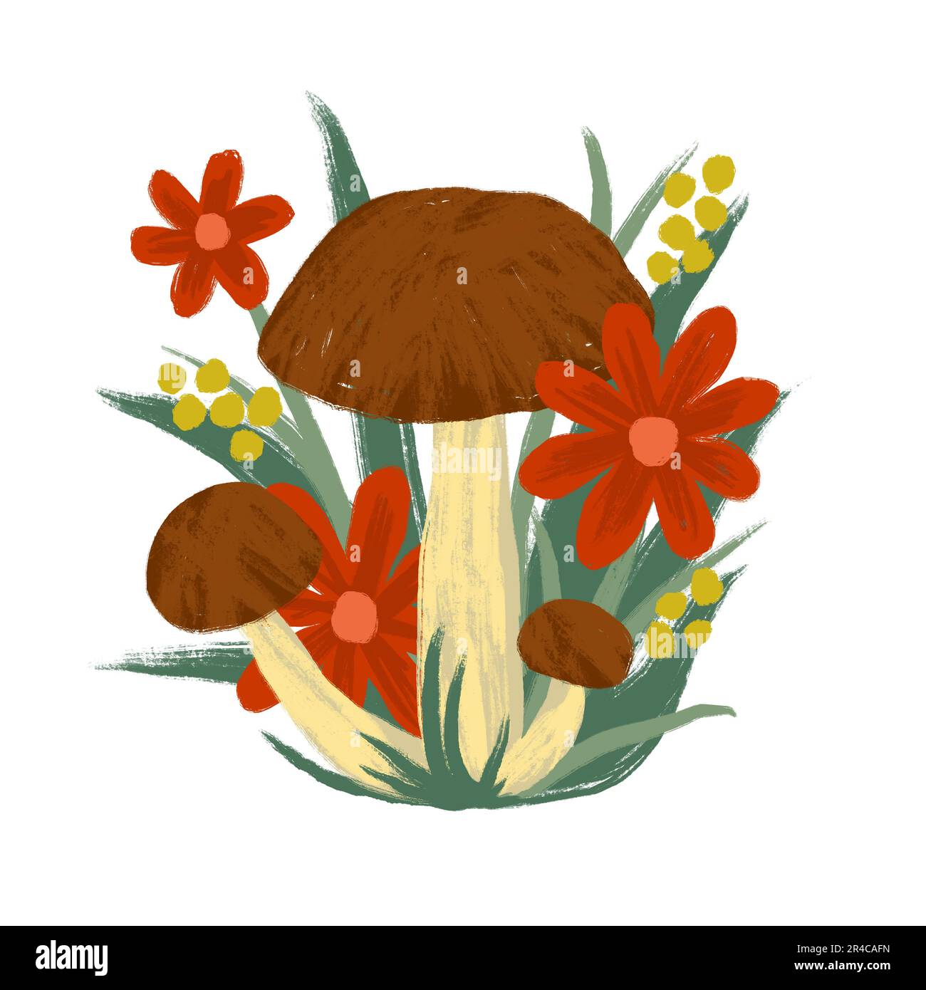 Hand drawn illustration of summer brown mushroom with grass herbs ...