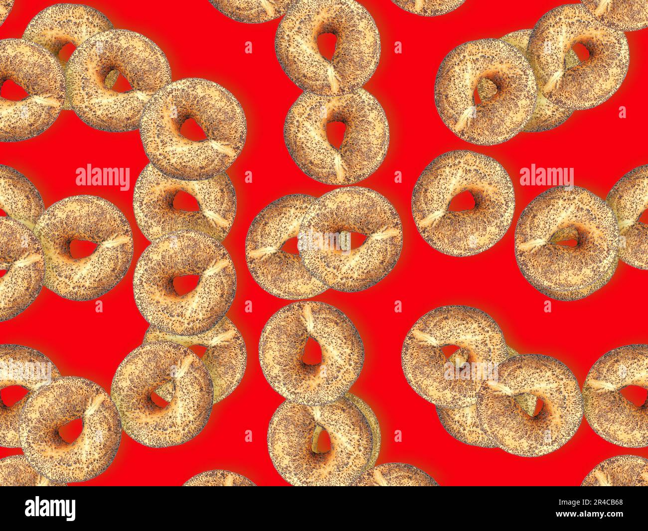 Fresh homemade bagels with poppy seeds on red background. Wheat and rye ...