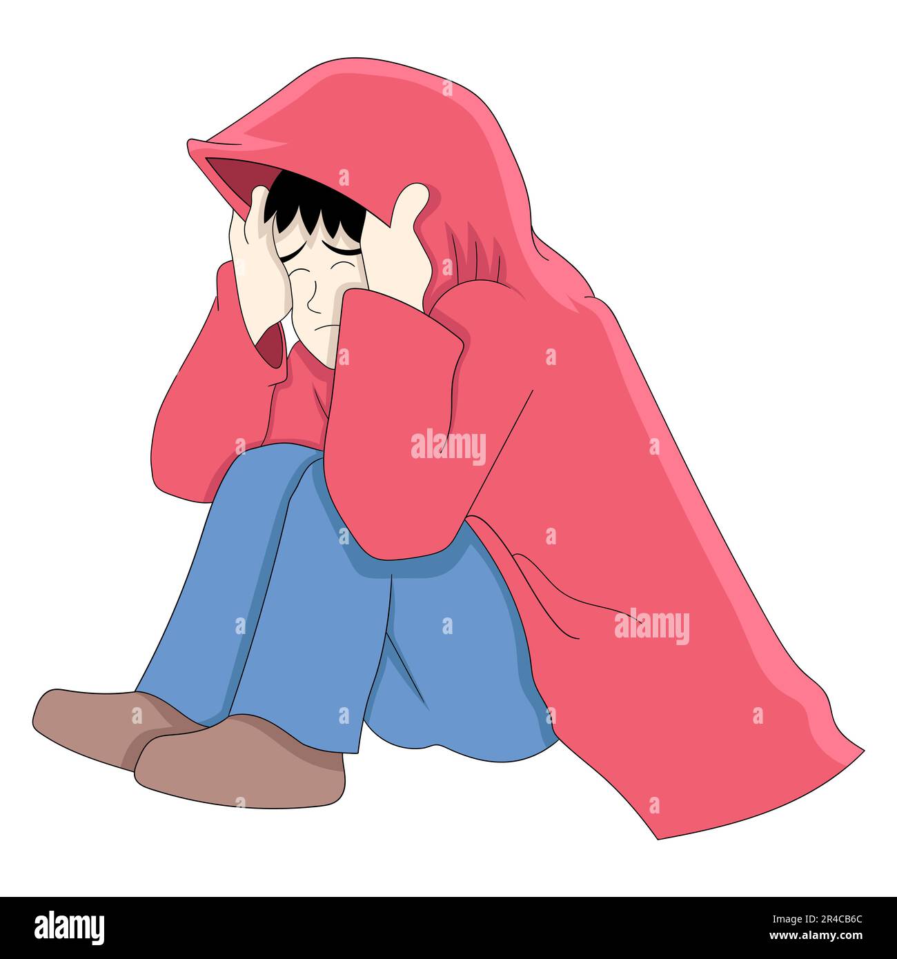 sad boy is sitting wearing a hoodie jacket. vector design illustration ...