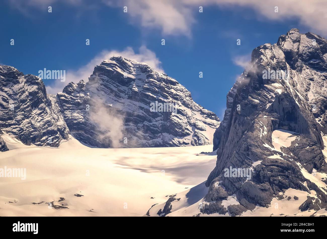 Mountain landscape in Austria. View of Hoher Dachstein from the lake ...