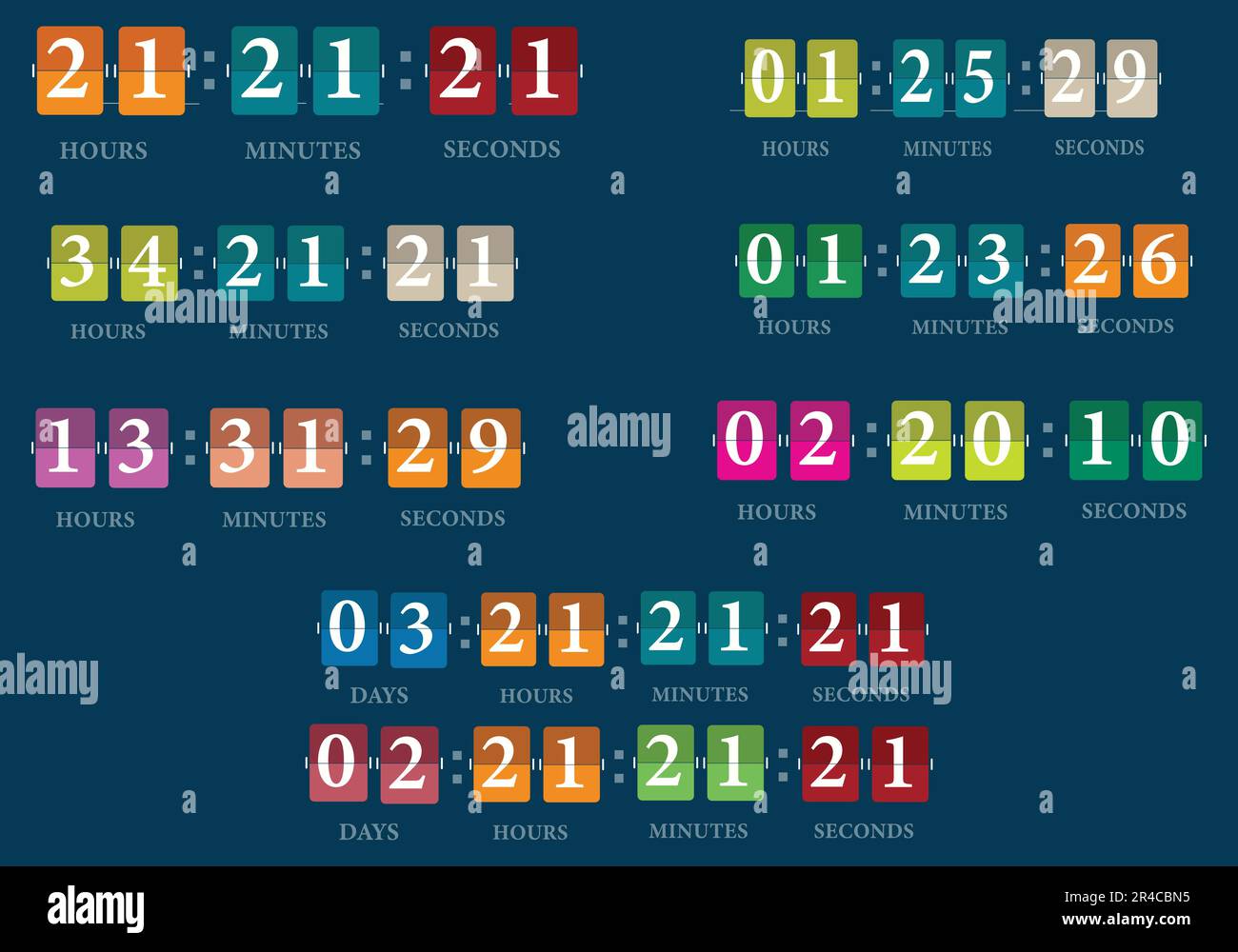 Countdown mechanical clock on digits board panel in flat style with different colors. Vector ...