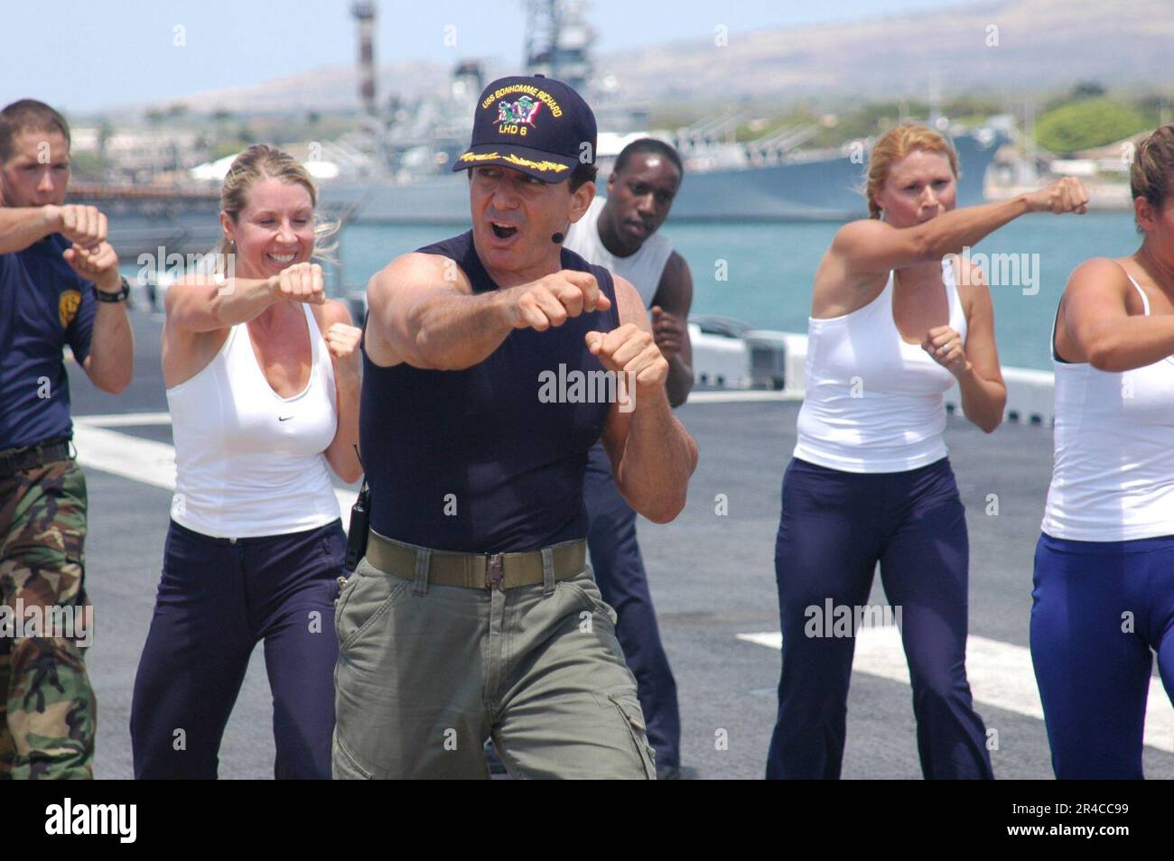 US Navy Gilad of the Fit TV show, Bodies in Motion, films a show aboard ...