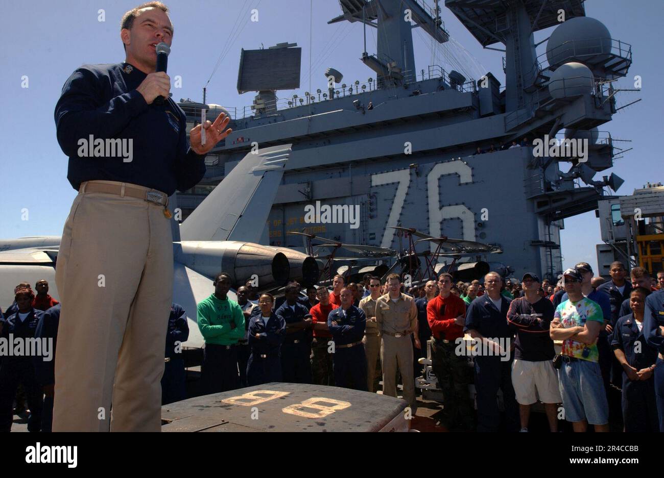 US Navy Commanding Officer, USS Ronald Reagan, Capt. speaks to Sailors ...