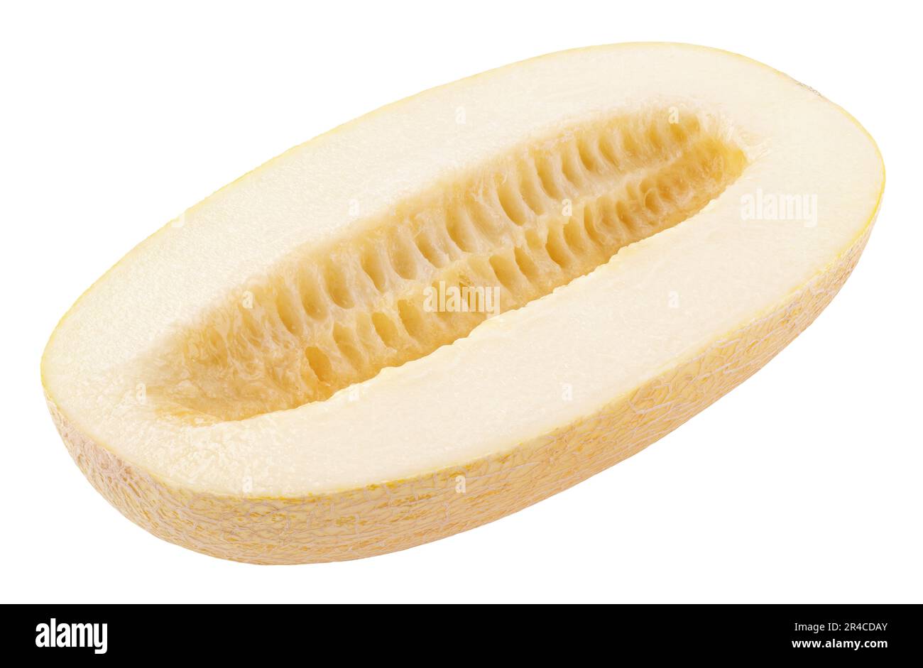 Half oval melon isolated on white background. Long Uzbek Russian melon ...