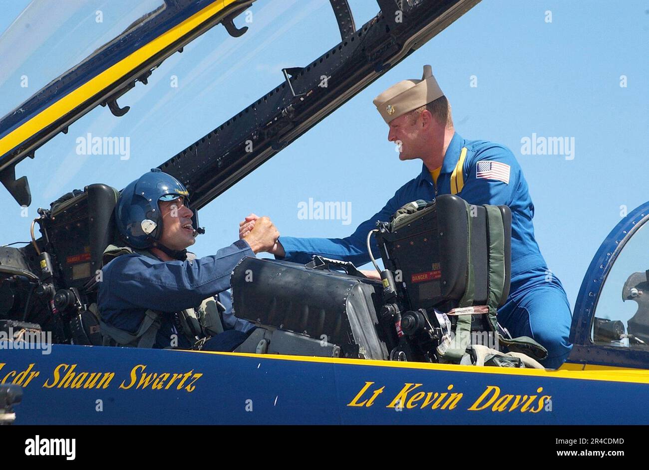 US Navy Blue Angels' pilot, Lt. shakes hands with local ABC reporter ...