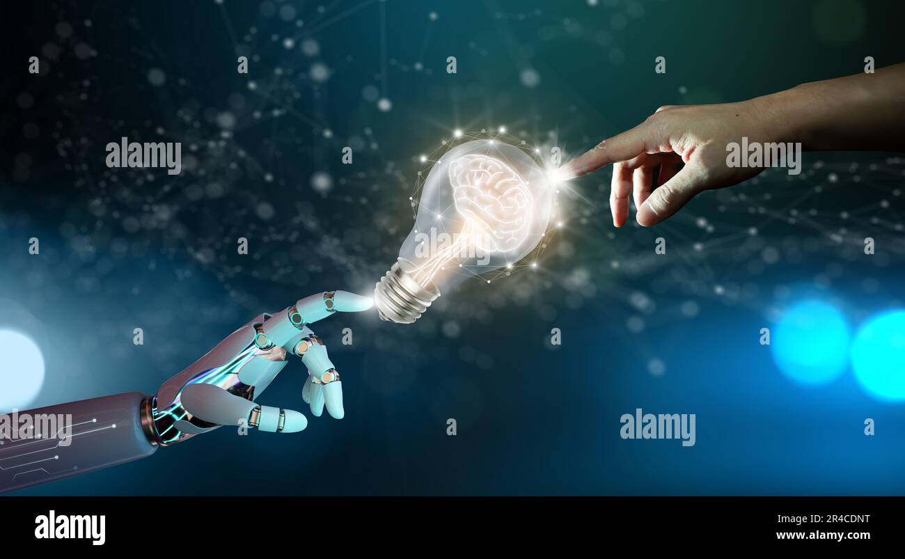 Robot hand and Human hand pointing Light bulbs with Brain inside and ...