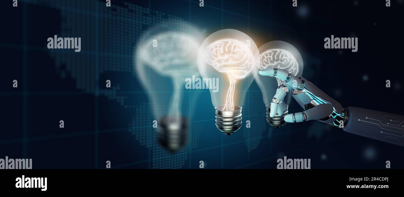 Robot hand with the light bulb and glowing different one. Inspiration ...