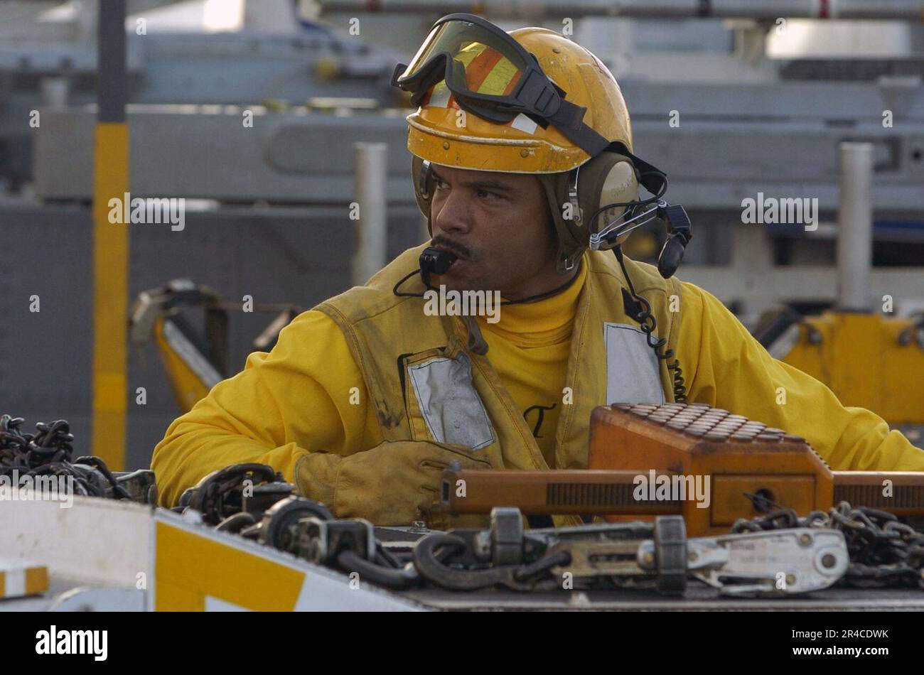 US Navy Chief Aviation Boatswain's Mate Handling prepares to direct an ...