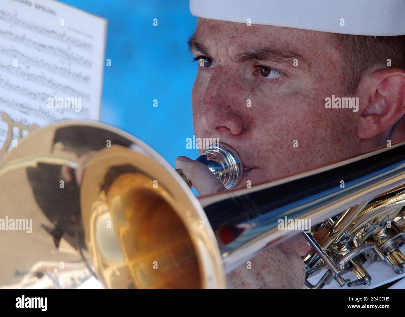 US Navy Musician 3rd Class assigned to the 7th Fleet Navy Band, plays ...