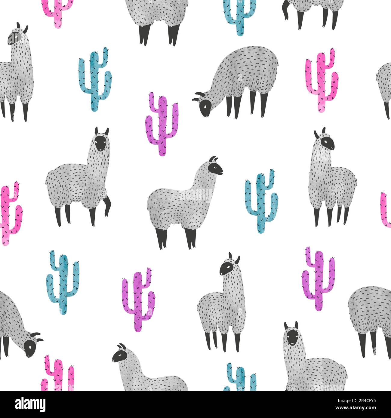 Seamless pattern with cute watercolor llama and cactus. Vector ...