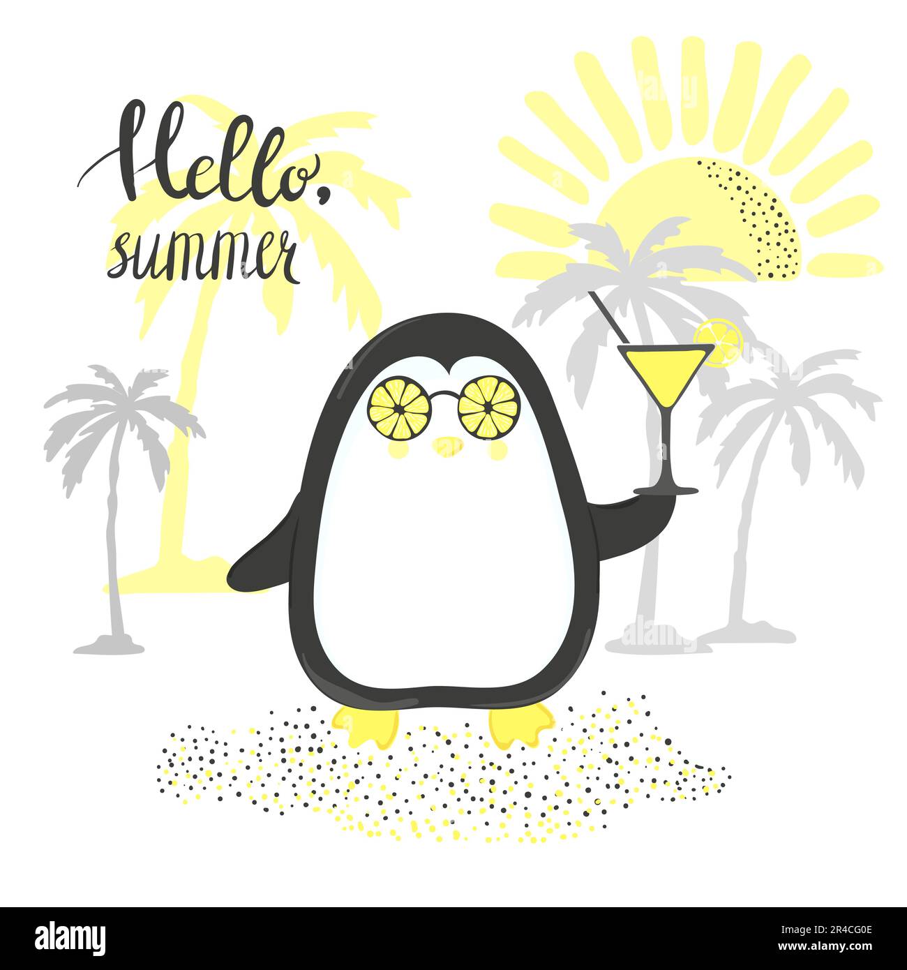 Summer vector illustration with cute penguin on the beach. Tropical ...