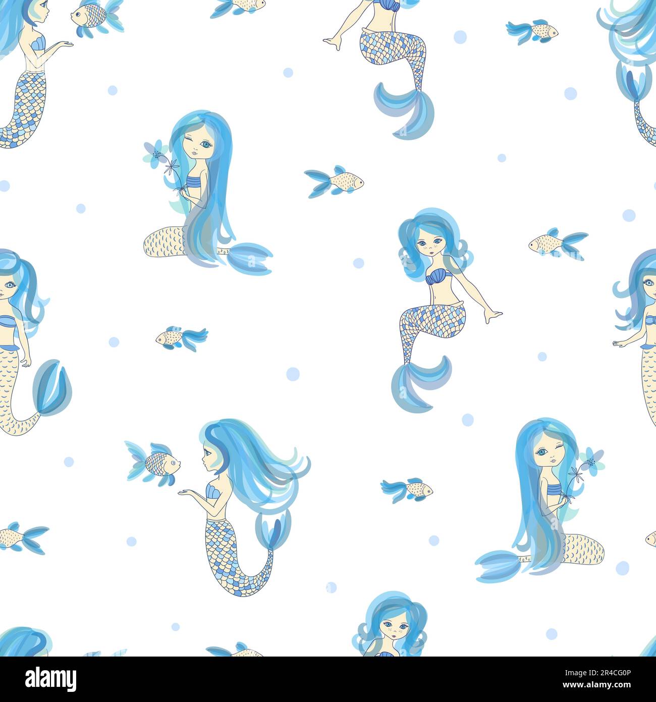 Cute little mermaid girls seamless pattern. Vector marine background ...