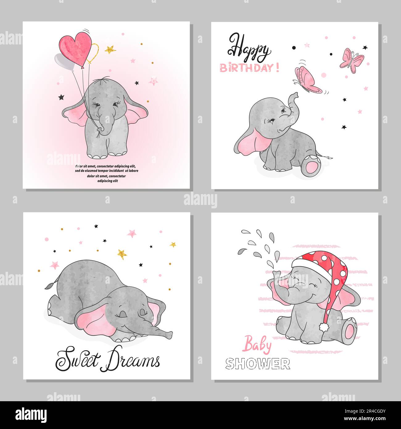 Cute Elephants vector illustrations. Set of birthday greeting cards ...