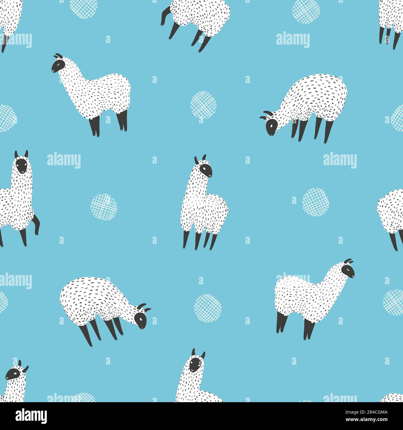 Cute llama seamless pattern. Vector blue background with hand drawn ...