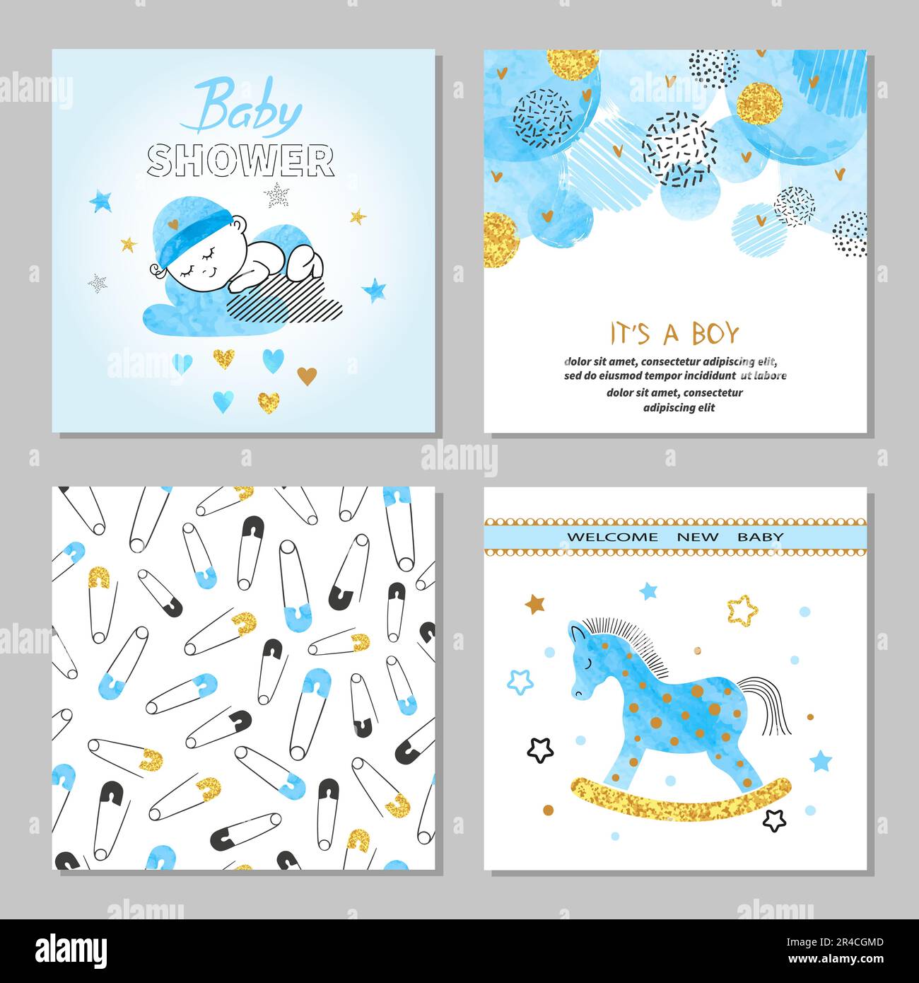 Baby Shower Boy vector set in blue and golden colors Stock Vector Image ...