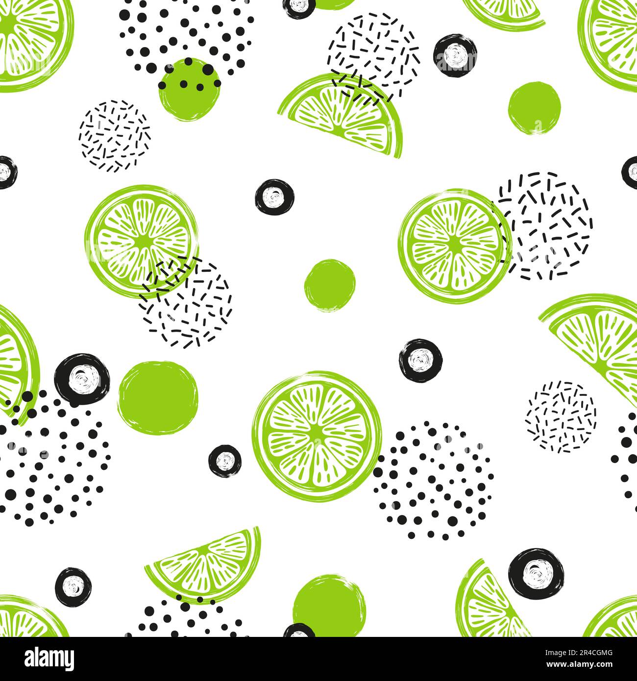 Abstract seamless lime pattern in green and black color. Citrus Fruits and dots on white ...