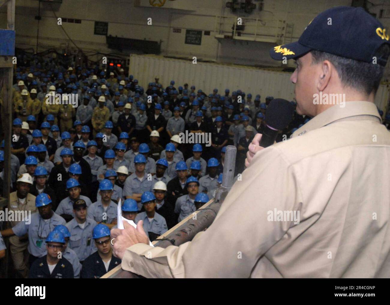 US Navy USS Harry S. Truman (CVN 75) Commanding Officer, Capt. conducts an all hands call to ...