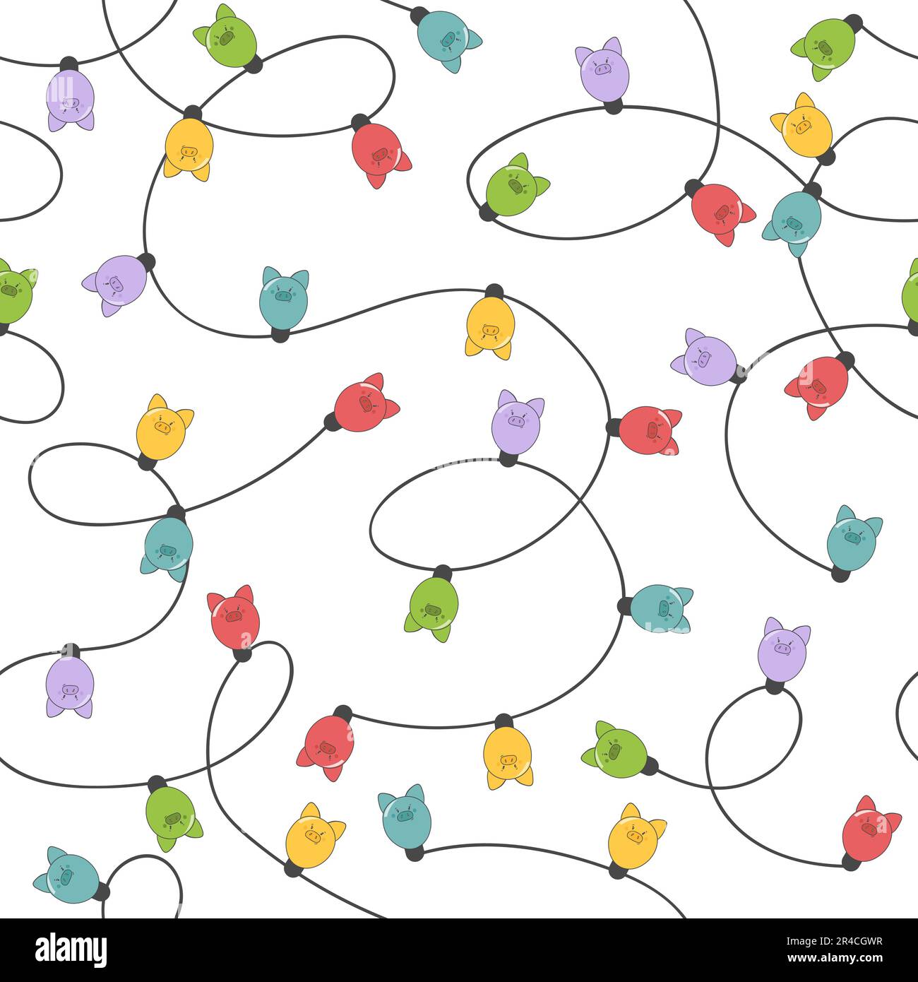 Seamless Christmas lights pattern with colorful watercolor garland of light pig bulbs. 2019 New ...