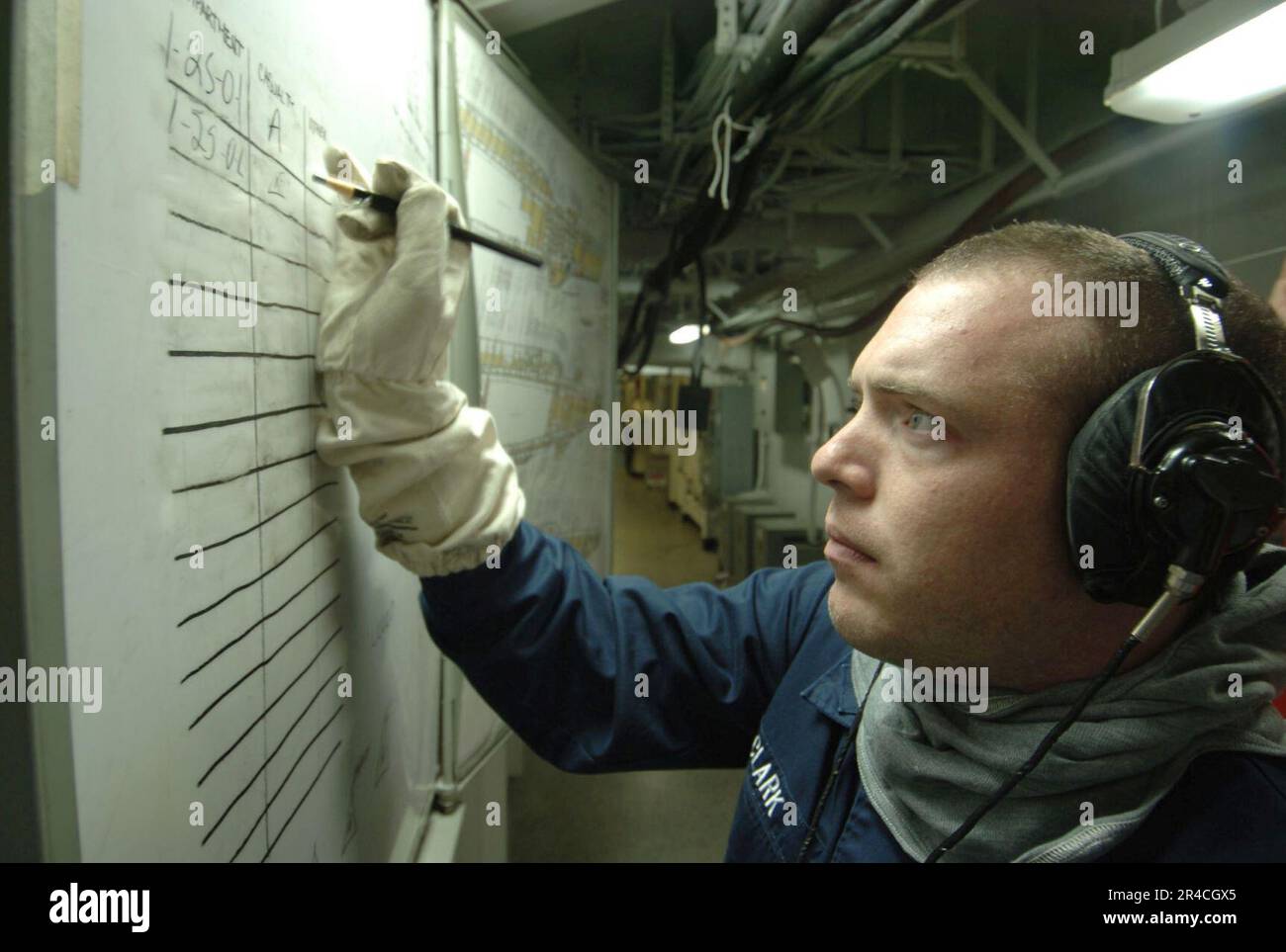 US Navy Aviation Electronics Technician 3rd Class fills out charts ...