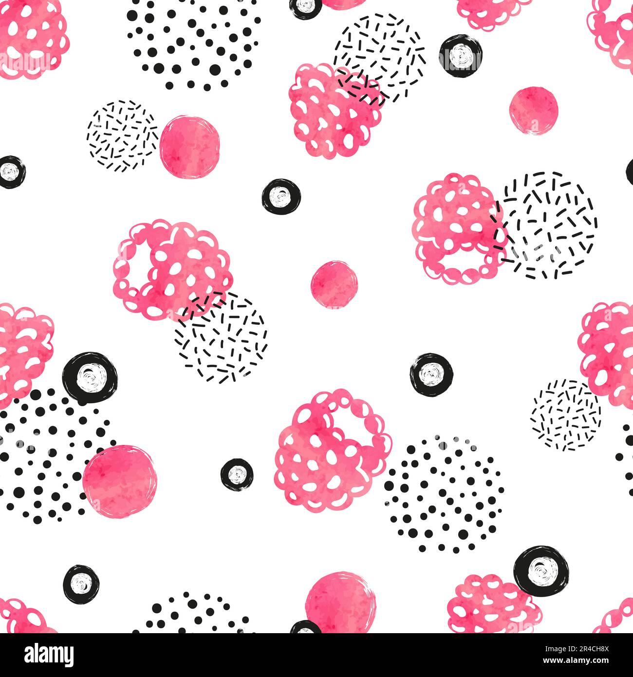 Abstract seamless raspberry pattern in pink and black color. Watercolor raspberry and dots on ...